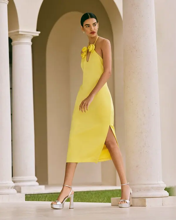 Liv Foster Satin Rosette Halter Dress In Sun - 55% Off | Editorialist