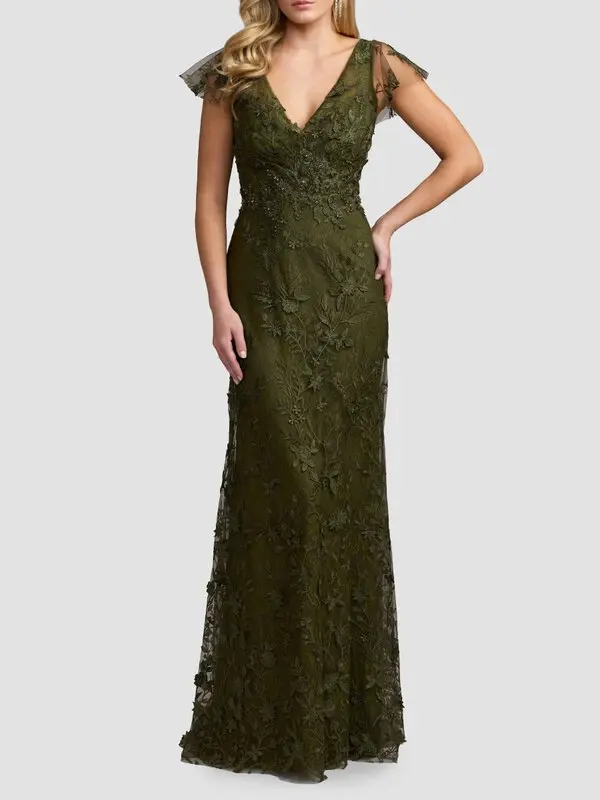 Mac Duggal Floral Appliqué Tulle Gown - Olive