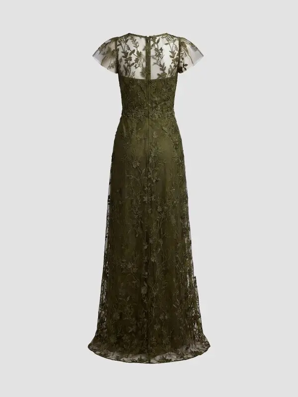 Mac Duggal Floral Appliqué Tulle Gown - Olive