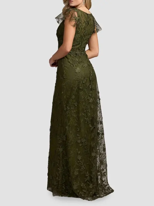 Mac Duggal Floral Appliqué Tulle Gown - Olive