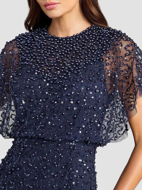 Mac Duggal Beaded Sequin Shawl Gown - Midnight