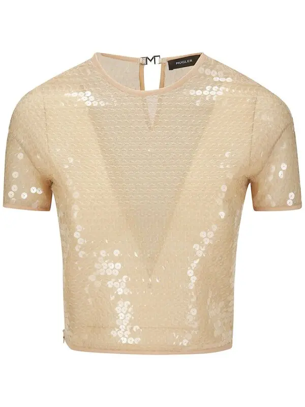 MUGLER Short-sleeved Sequined Blouse - Neutrals