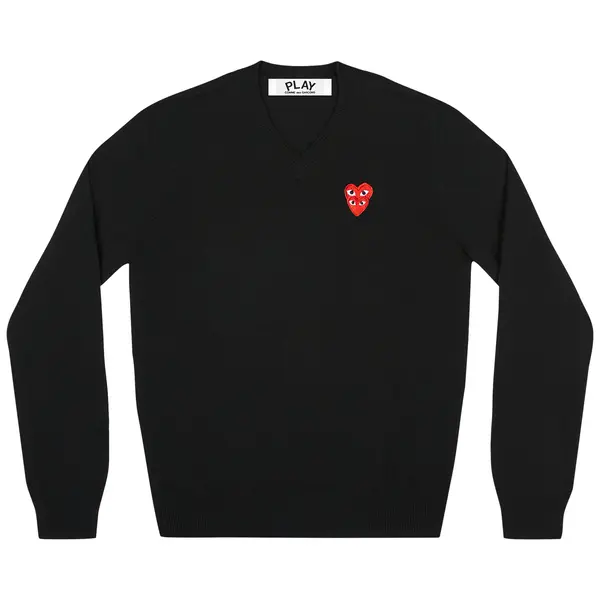 Play Comme Des Garcon Double Heart Logo V-neck Sweater - Black
