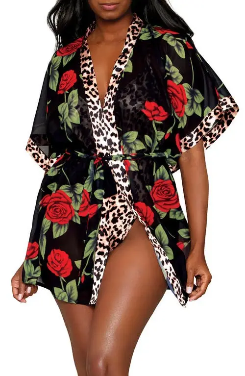 DREAMGIRL Leopard Print Teddy & Robe Set - Leopard/ Rose