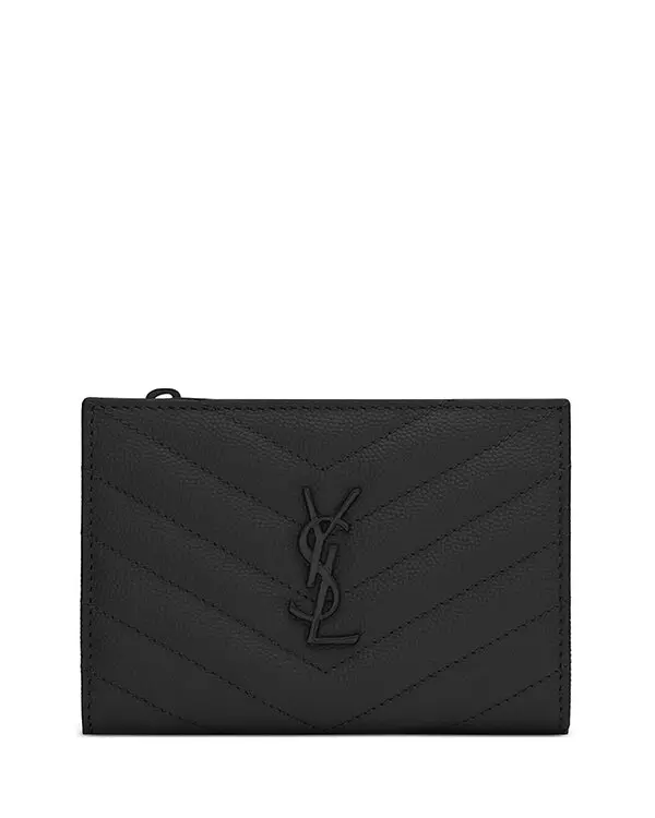 Saint Laurent Cassandre Matelassa Fragments Zipped Bi-fold Wallet In Grain De Poudre Embossed Leather - Black