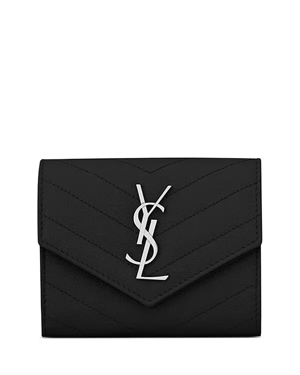 Saint Laurent Cassandre Matelassa Compact Tri Fold Wallet - Black