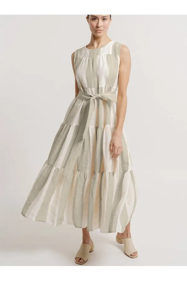 Laude The Label Tiered Linen Maxi Dress Tulum - Stripe | Editorialist