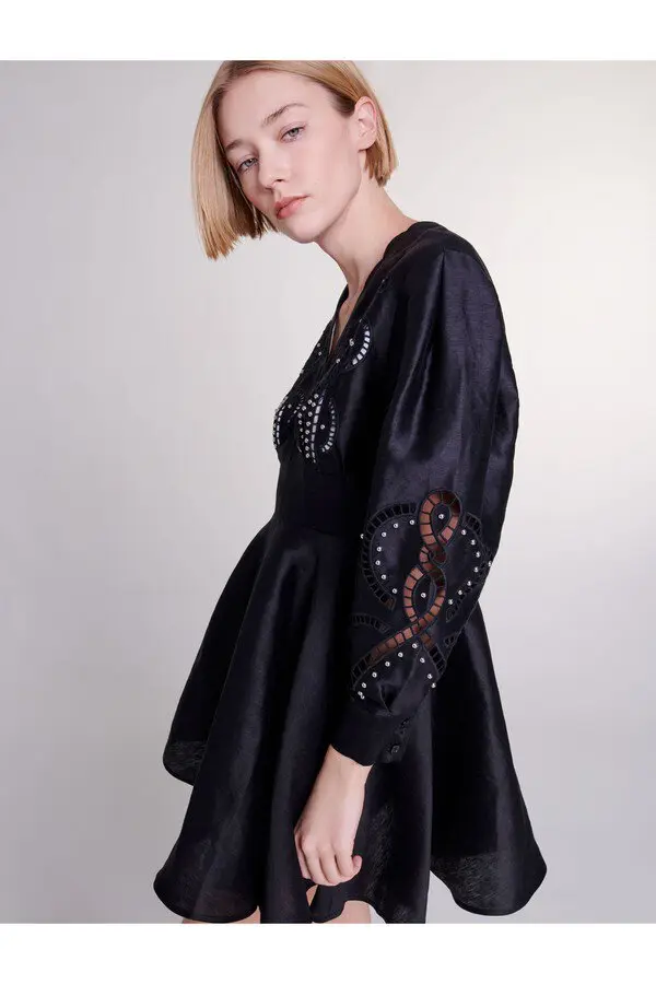 Maje Embroidered Linen Short Dress In Black - 50% Off