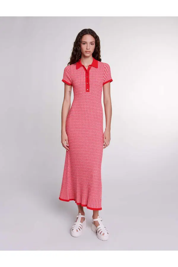 Maje Herringbone Knit Maxi Dress In Red - 40% Off | Editorialist