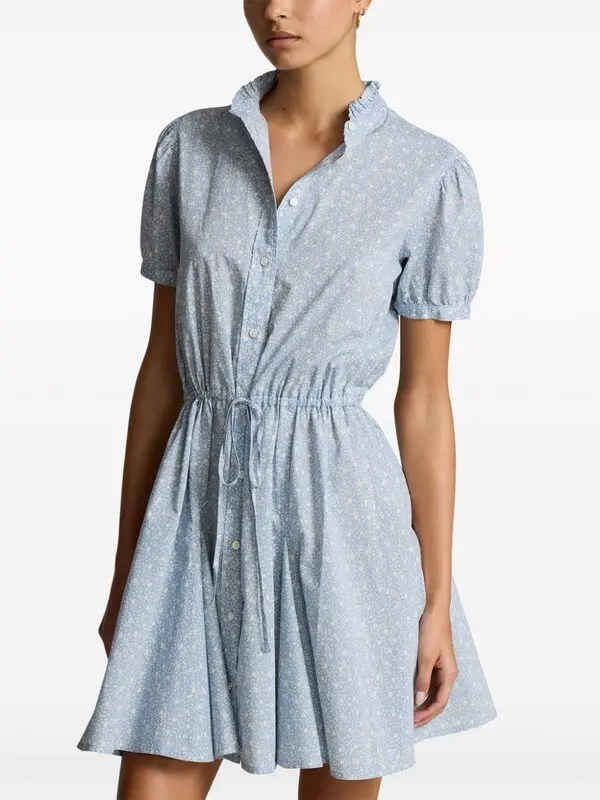 polo ralph lauren blue floral dress LAUREN RALPH LAUREN Womens White Blue Floral Dress Stretch Ruffled Sleeves  Zip 0