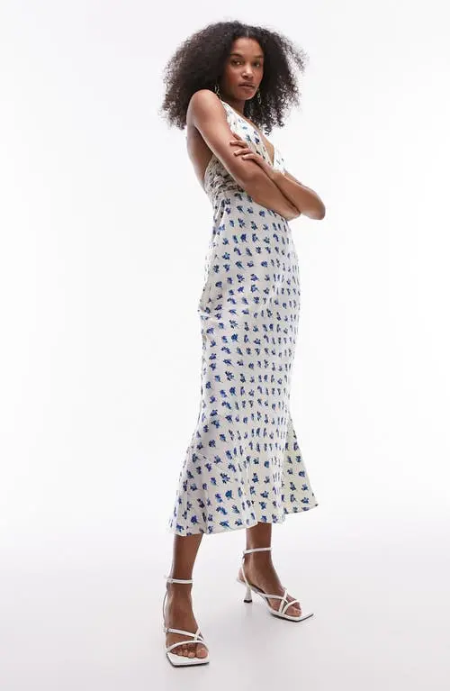 knee length dresses for ladies Rent Topshop Bold Floral Ruched Long Sleeve Midi Dress In Cobalt main image 1