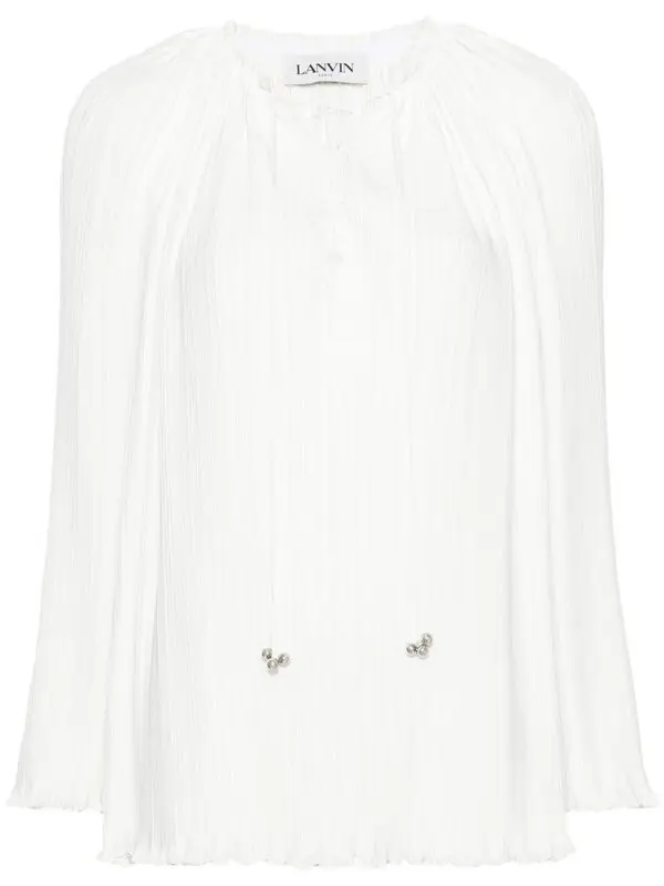 LANVIN Long Sleeve Pleated Blouse Open Neck - White
