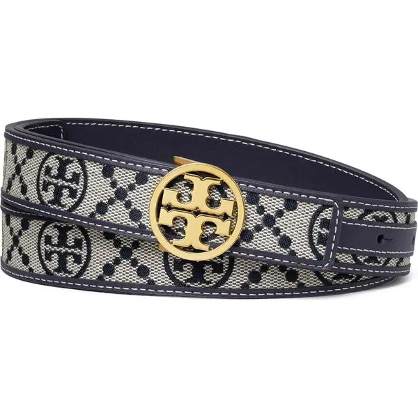 Tory Burch Miller T Monogram Jacquard And Leather Belt - Tory Navy