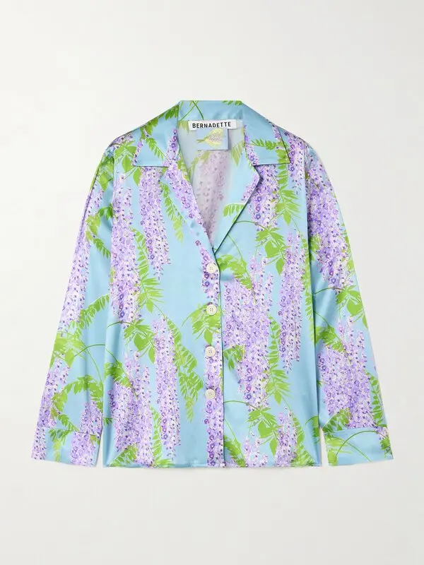 Bernadette Louis Floral-print Stretch-silk Pajama Shirt - Blue