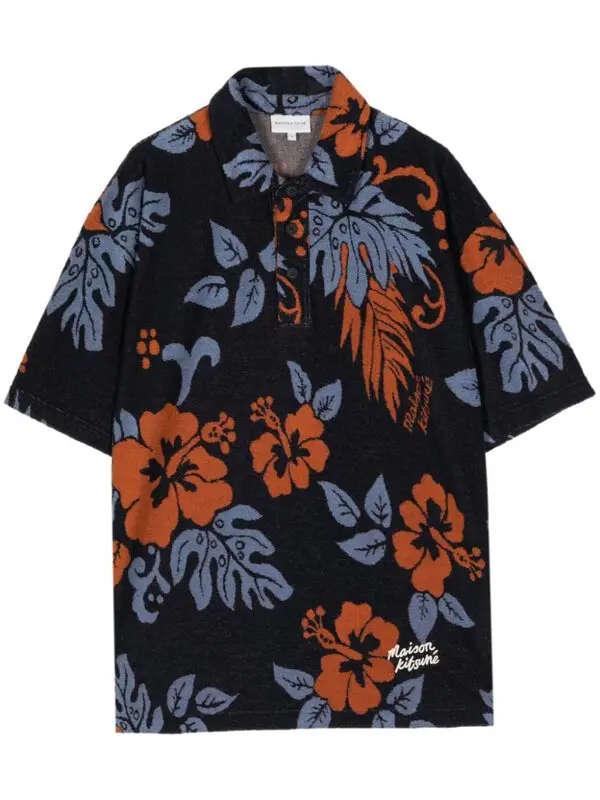 Maison Kitsuné Floral-print Towelling-finish Polo Shirt - Blue