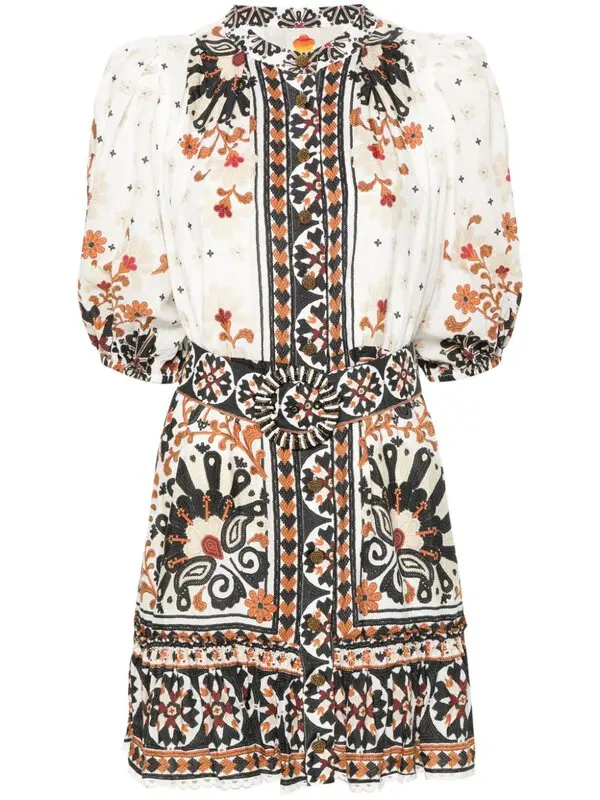 Farm Rio Flower Fan Print Mini Dress - Brown