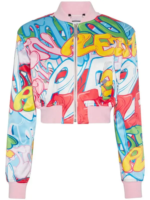 Philipp Plein Graffiti Logo Cropped Bomber Jacket - Pink