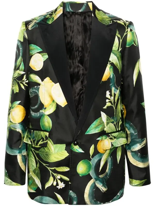 Roberto Cavalli Lemon-print Silk Blazer - Black