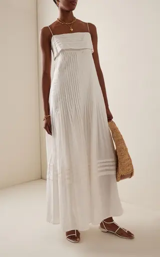 staud kristina dress ivory Staud Kristina Pleated Cotton Maxi Dress - Ivory