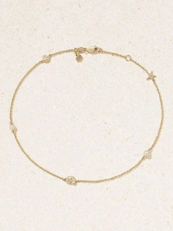 SYDNEY EVAN Seashell 14-karat Diamond And Pearl Anklet