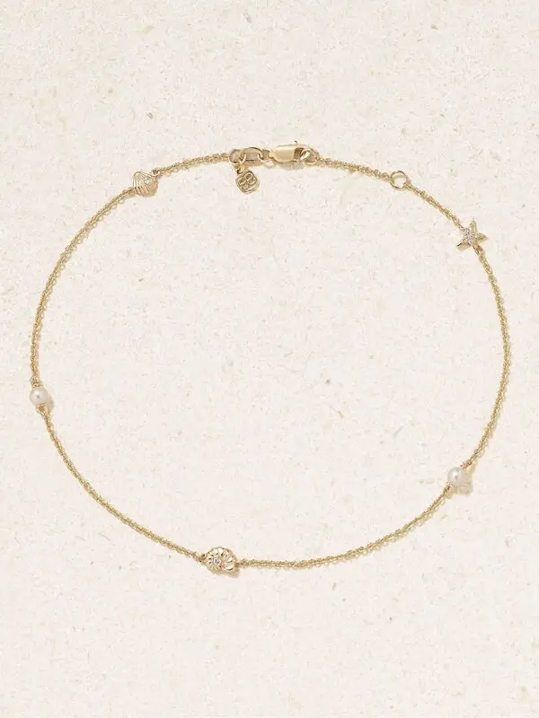 SYDNEY EVAN Seashell 14-karat Diamond And Pearl Anklet