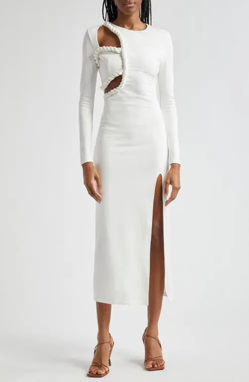 knee length dresses for ladies WHITE LONG SLEEVE CUTOUT MERMAID DRESS WITH PEARL EMBELLISHMENTS  KUJTA &  MERI