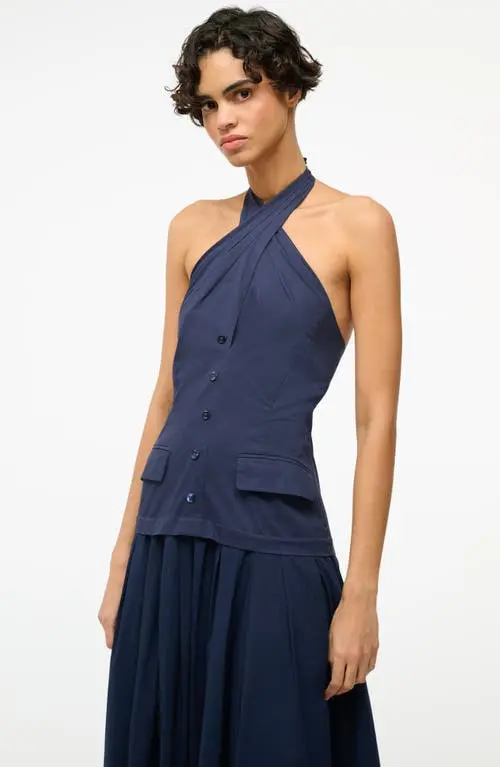 Staud Harrington Stretch Cotton Halter Maxi Dress In Navy - 76% Off |  Editorialist