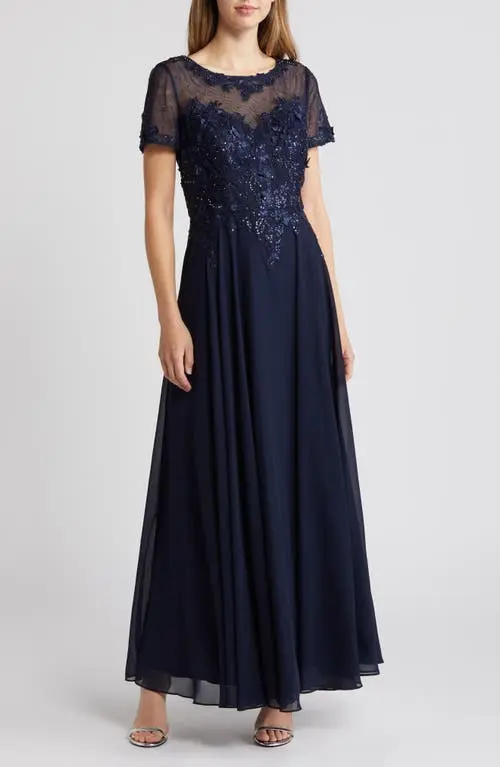 XSCAPE EVENINGS Beaded Mesh Gown - Navy