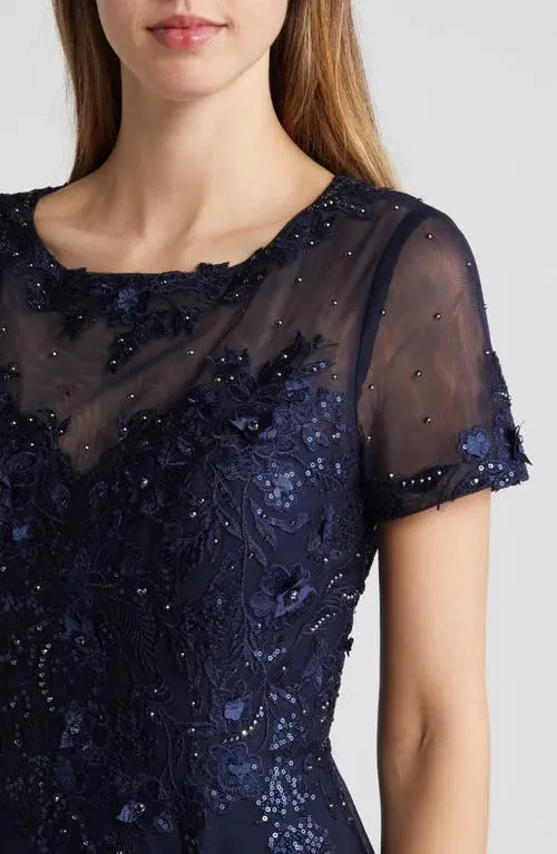 XSCAPE EVENINGS Beaded Mesh Gown - Navy