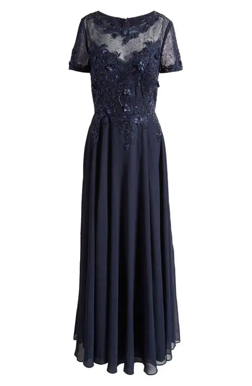 XSCAPE EVENINGS Beaded Mesh Gown - Navy