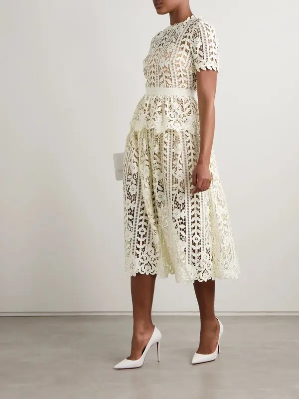 Self-Portrait Grosgrain-Trimmed Guipure Lace Peplum Midi Dress In Cream -  50% Off | Editorialist