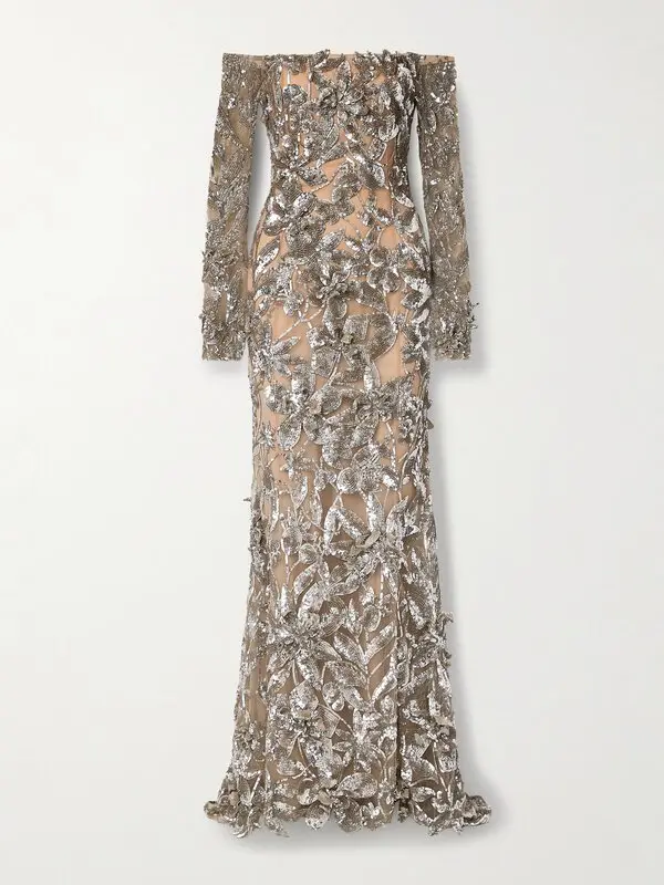 Oscar De La Renta Off-the-shoulder Sequined Tulle Gown