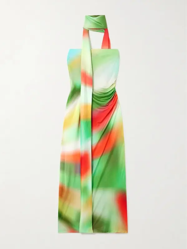 SIEDRES Misty Scarf-detailed Ruched Tie-dye Midi Dress - Green