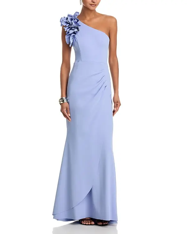Aqua One Shoulder Ruffle Crepe Gown - Periwinkle