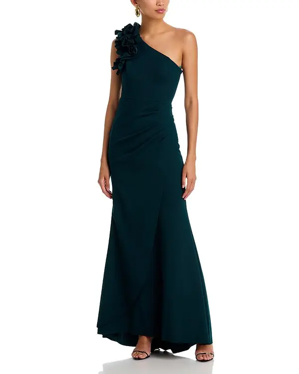 Aqua One Shoulder Ruffle Crepe Gown - Pine