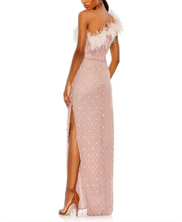 Mac Duggal Embellished One-shoulder Feathered Gown - Rose