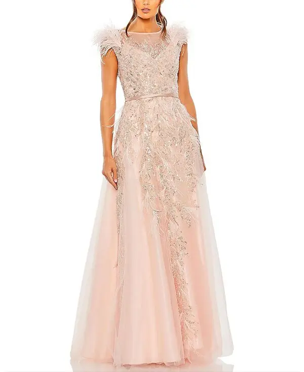 Mac Duggal High Neckline Beaded Gown With Feather Detail - Blush