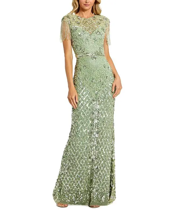 Mac Duggal High Neck Sleeveless Beaded Fringe Fitted Gown - Sage