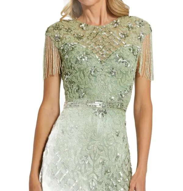 Mac Duggal High Neck Sleeveless Beaded Fringe Fitted Gown - Sage