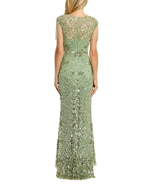 Mac Duggal High Neck Sleeveless Beaded Fringe Fitted Gown - Sage