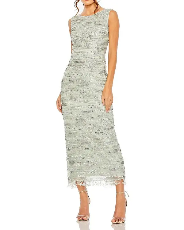 Mac Duggal Crystal Fringe Column Dress - Sage