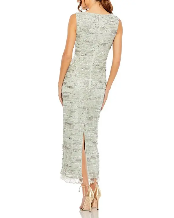 Mac Duggal Crystal Fringe Column Dress - Sage