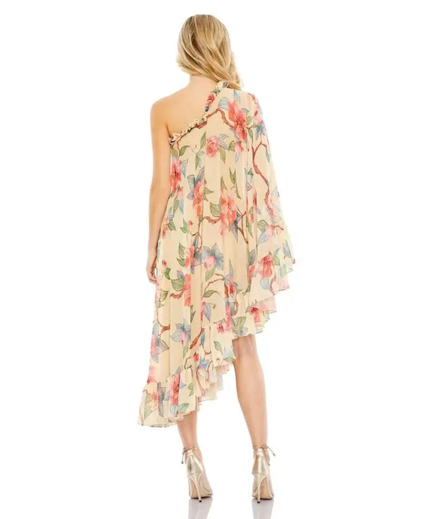Mac Duggal Floral Print One Shoulder Cape Dress - Nude Multi