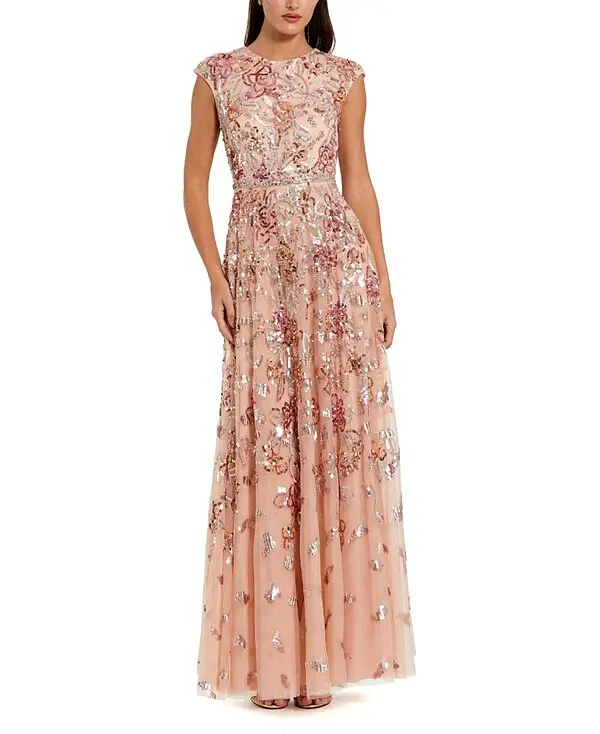 Mac Duggal Sequined High Neck Cap Sleeve A-line Gown - Coral