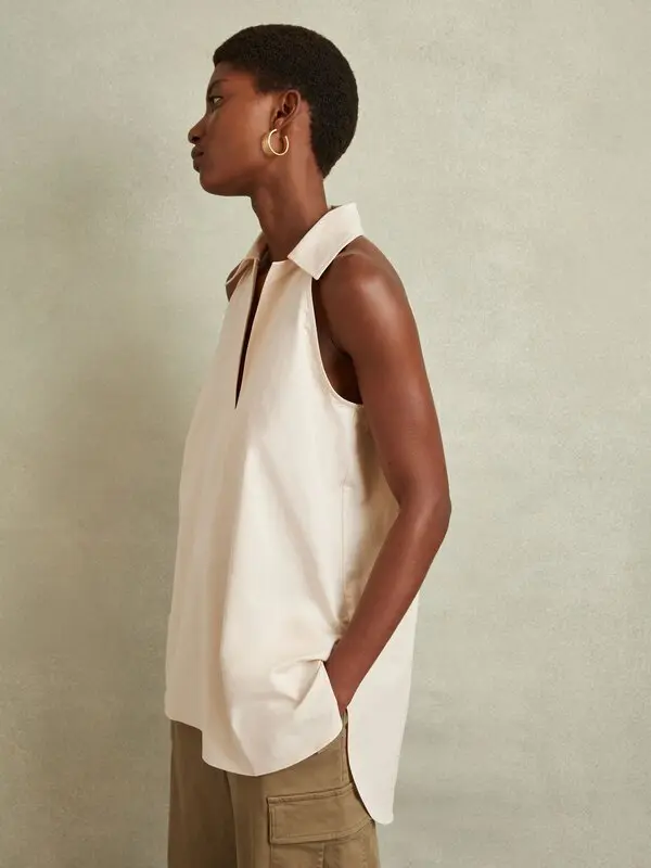 REISS Layla Open-collar Cotton Blend Sleeveless Top