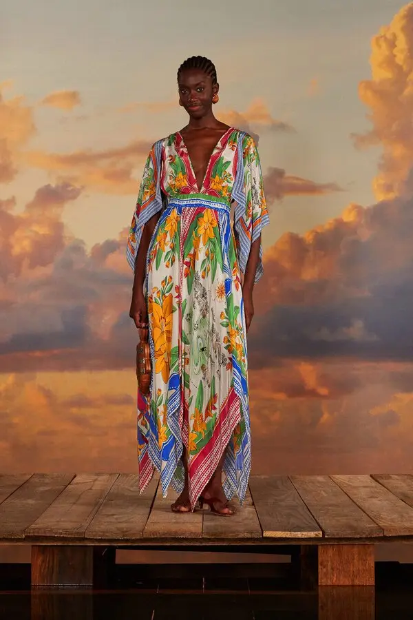 Farm Rio Off-white Tropical Destination Kimono Sleeve Midi Dress - Tropical Destination Off-white