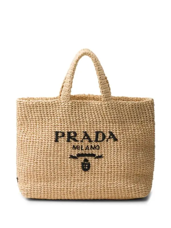 Prada Logo-embroidered Crochet Tote Bag - Neutrals