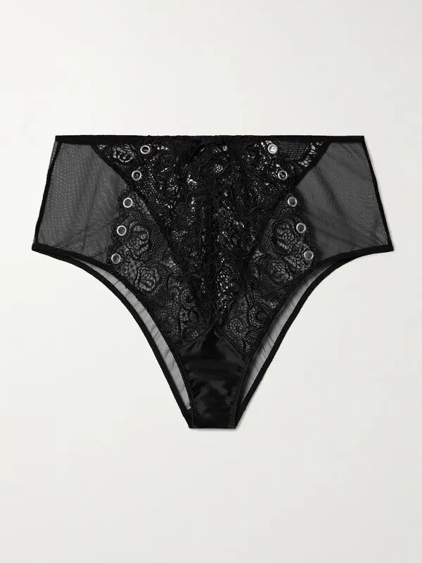 FLEUR DU MAL Lace-up Silk-blend Satin-trimmed Embellished Tulle And Corded Lace Briefs - Black