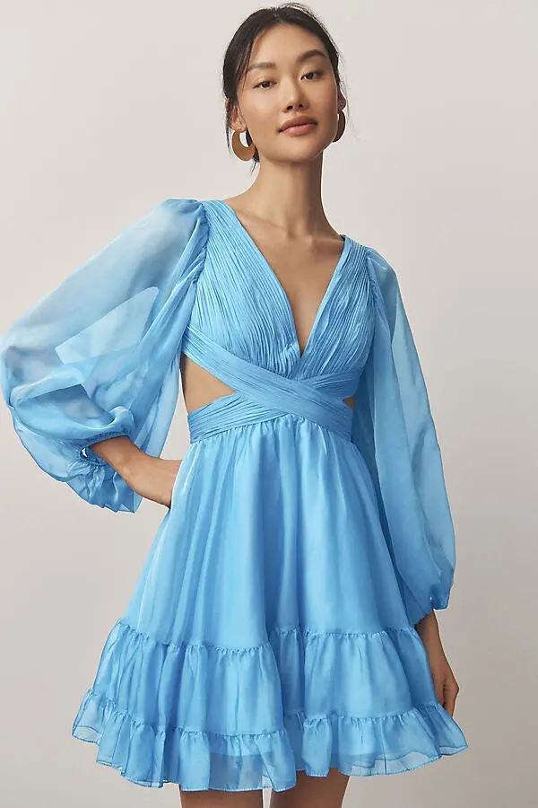 mac duggal long-sleeve ruffled chiffon mini dress Mac Duggal 68451 Long Sleeve Chiffon Cut Out Mini Dress  B Chic Fashions