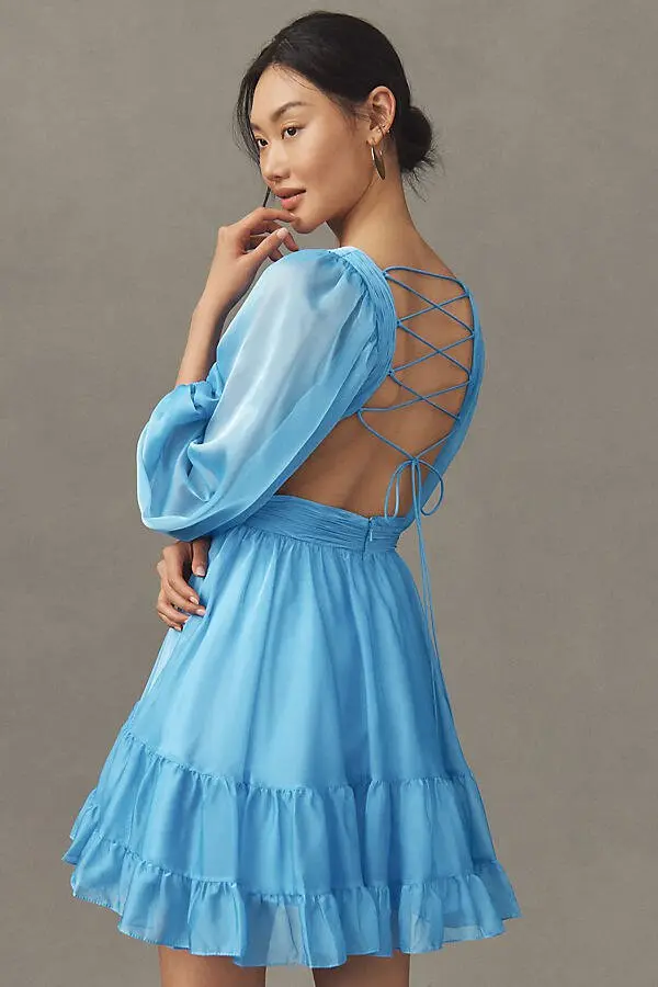 mac duggal long-sleeve ruffled chiffon mini dress Mac Duggal Long-Sleeve Ruffled Chiffon Mini Dress